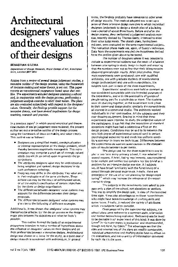 (PDF) Architectural designers' values and the evaluation of their designs