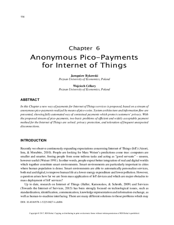 (PDF) Anonymous Pico-Payments for Internet of Things | Wojciech Cellary ...