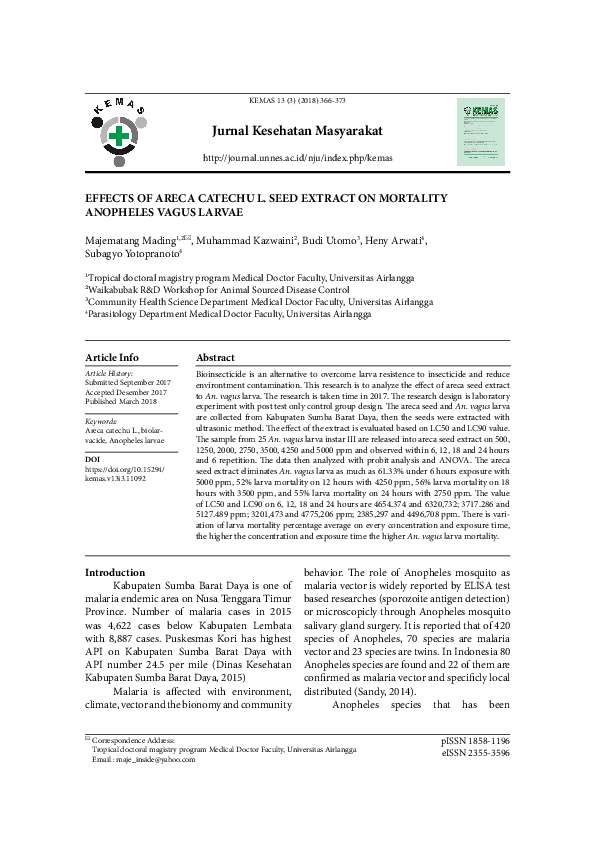 (PDF) Effects of Areca Catechu L. Seed Extract on Mortality Anopheles Vagus Larvae