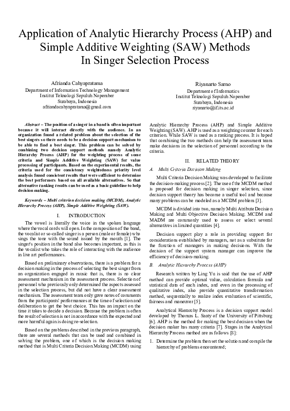 (PDF) Application of Analytic Hierarchy Process (AHP) and Simple ...