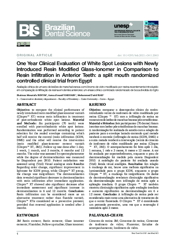 (PDF) One Year Clinical Evaluation of White Spot Lesions with Newly ...
