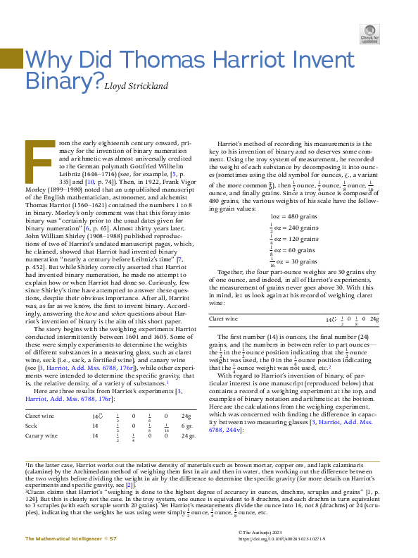 (PDF) Why Did Thomas Harriot Invent Binary?
