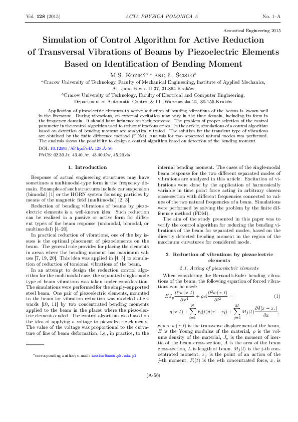 (PDF) Simulation of Control Algorithm for Active Reduction of Transversal Vibrations of Beams by ...