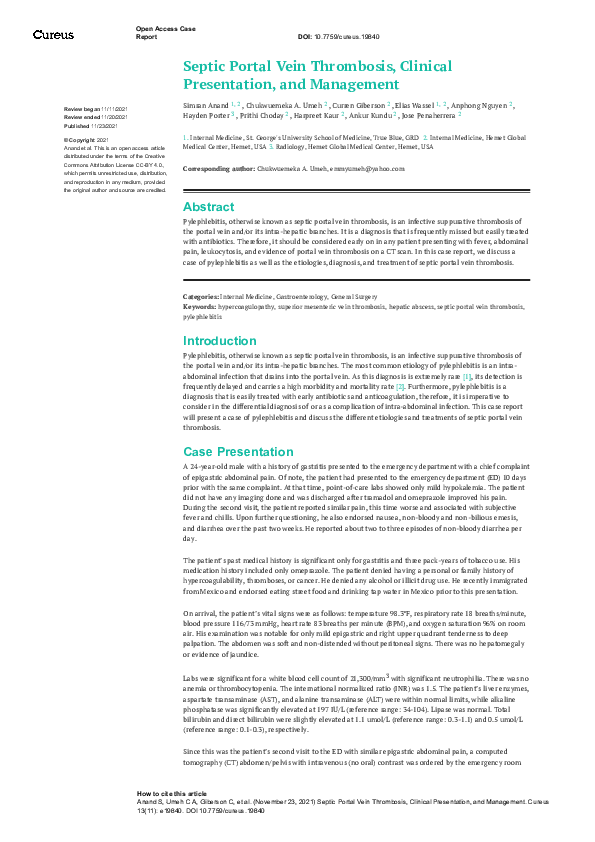 (PDF) Septic Portal Vein Thrombosis, Clinical Presentation, and Management