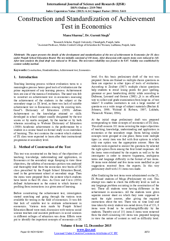 (PDF) Construction and Standardization of Achievement Test in Economics