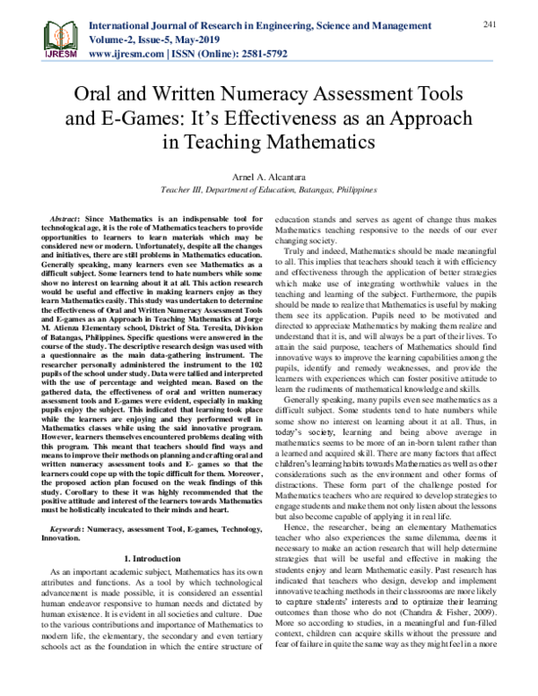 (PDF) Oral and Written Numeracy Assessment Tools and E-Games : It ’ s ...