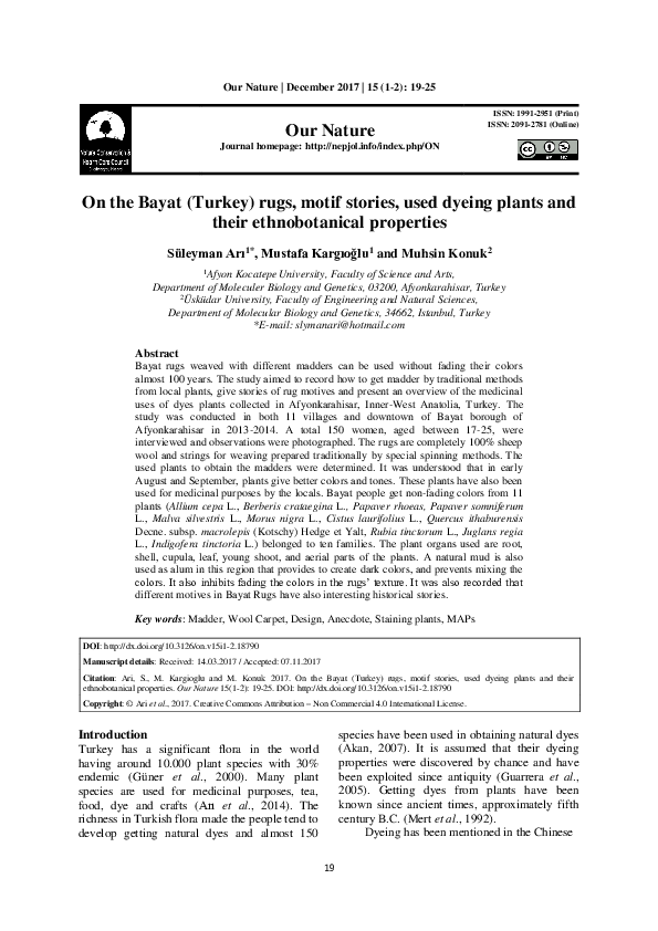 (PDF) On the Bayat (Turkey) rugs, motif stories, used dyeing plants and ...