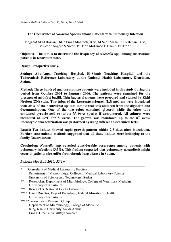 (PDF) The Occurrence of Nocardia Species among Patients with Pulmonary ...
