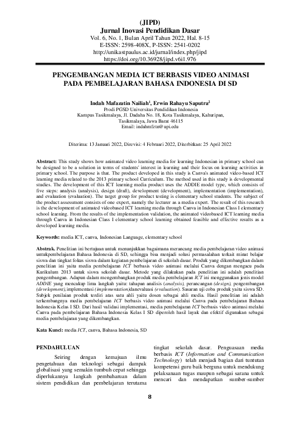 (PDF) Pengembangan Media Ict Berbasis Video Animasi Pada Pembelajaran Bahasa Indonesia DI SD