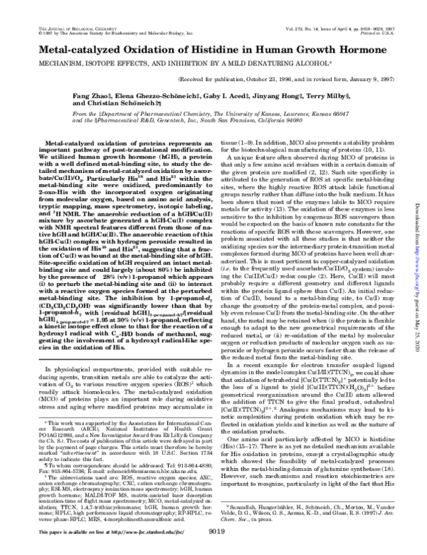(PDF) Metal-catalyzed Oxidation of Histidine in Human Growth Hormone