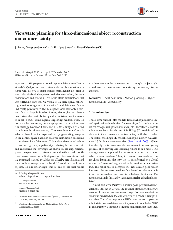 (PDF) View/state planning for three-dimensional object reconstruction under uncertainty