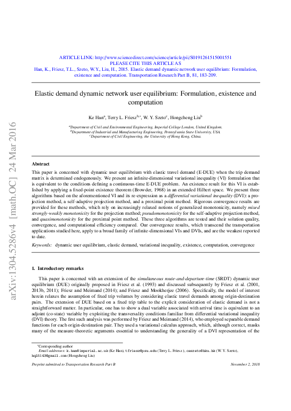 (PDF) Dynamic network user equilibrium with elastic demand: Formulation, qualitative analysis ...