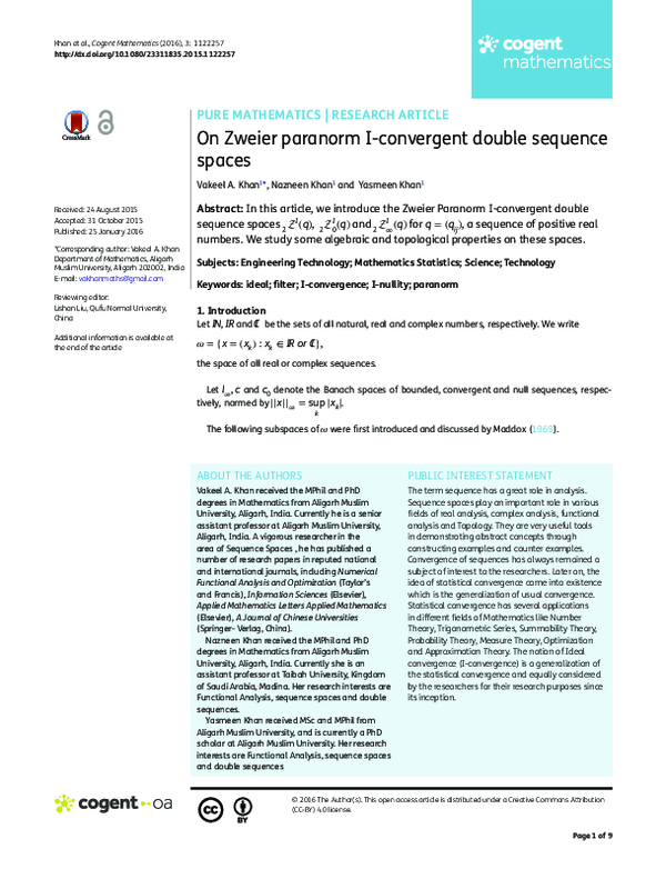 (PDF) On Zweier paranorm I-convergent double sequence spaces | Vakeel Ahmad Khan - Academia.edu