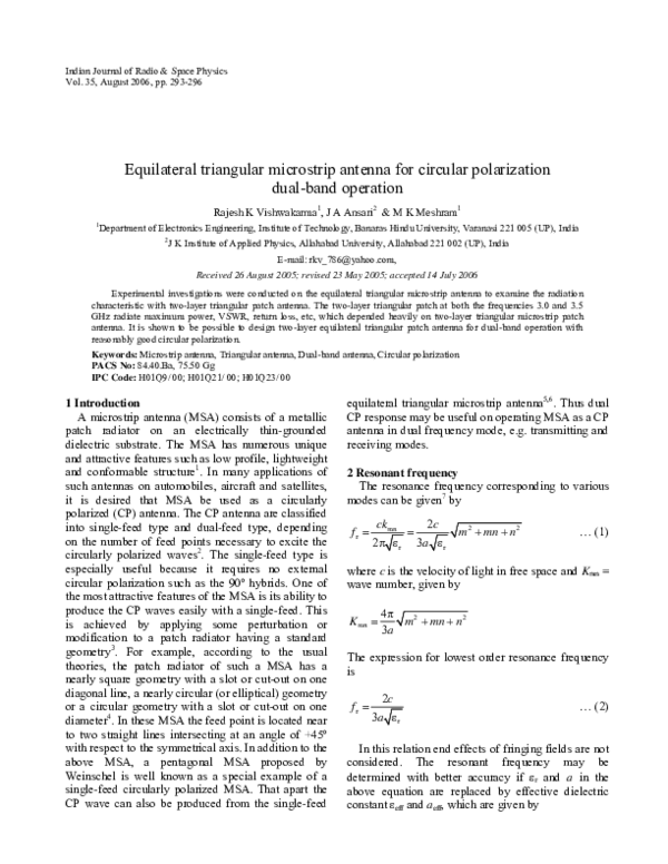 (PDF) Equilateral triangular microstrip antenna for circular polarization dual-band operation