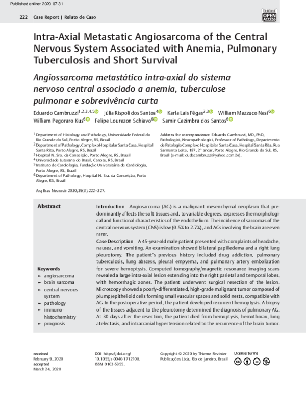 (PDF) Intra-Axial Metastatic Angiosarcoma of the Central Nervous System ...