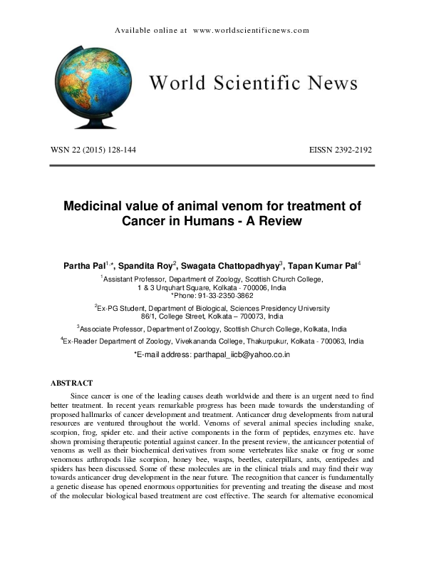 (PDF) Medicinal value of animal venom for treatment of Cancer in Humans ...