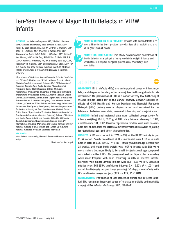 (PDF) Ten-Year Review of Major Birth Defects in VLBW Infants