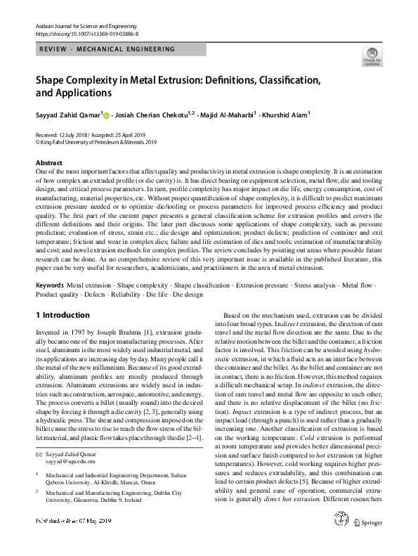 (PDF) Shape Complexity in Metal Extrusion: Definitions, Classification, and Applications