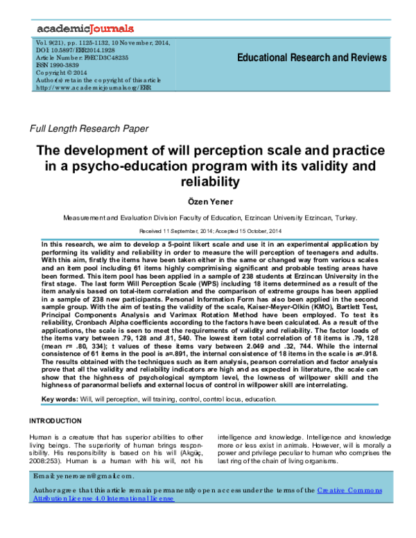 (PDF) The development of will perception scale and practice in a psycho ...