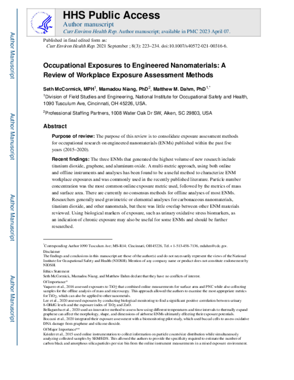 Occupational Exposures to Engineered Nanomaterials: a Review of ...