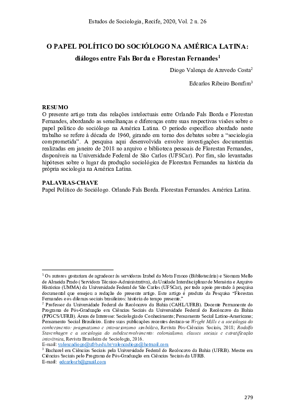 (PDF) O PAPEL POLÍTICO DO SOCIÓLOGO NA AMÉRICA LATINA: diálogos entre ...