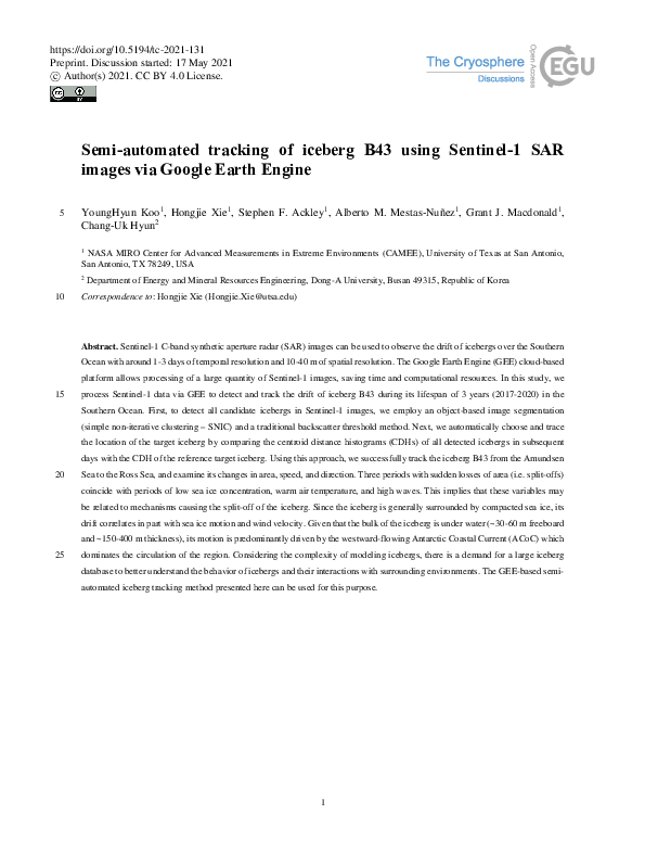 (PDF) Semi-automated tracking of iceberg B43 using Sentinel-1 SAR images via Google Earth Engine