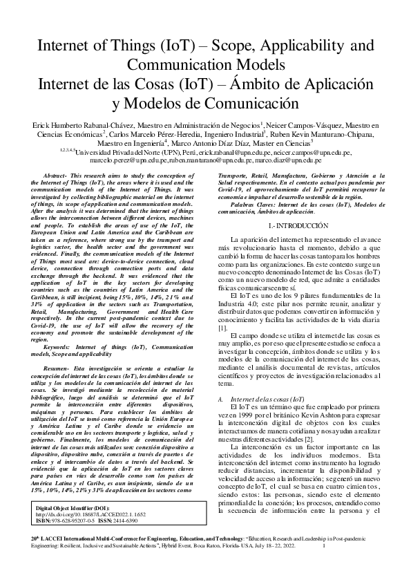 (PDF) Internet of Things (IoT) – Scope, Applicability and Communication Models