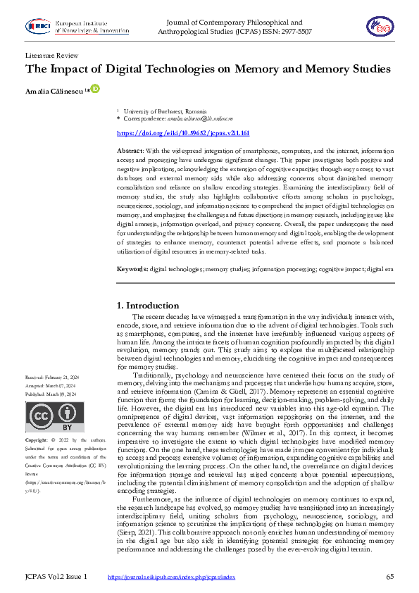 (PDF) The Impact of Digital Technologies on Memory and Memory Studies