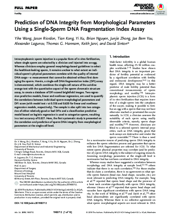(PDF) Prediction of DNA Integrity from Morphological Parameters Using a Single‐Sperm DNA ...