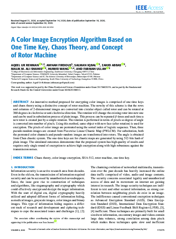 (PDF) A Color Image Encryption Algorithm Based on One Time Key, Chaos ...