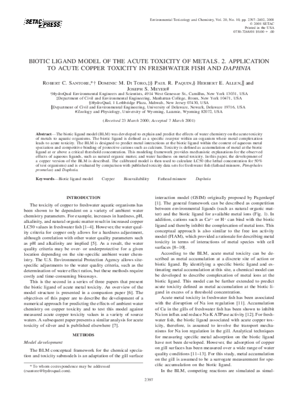 (PDF) Biotic Ligand Model of the Acute Toxicity of Metals. 1. Technical ...