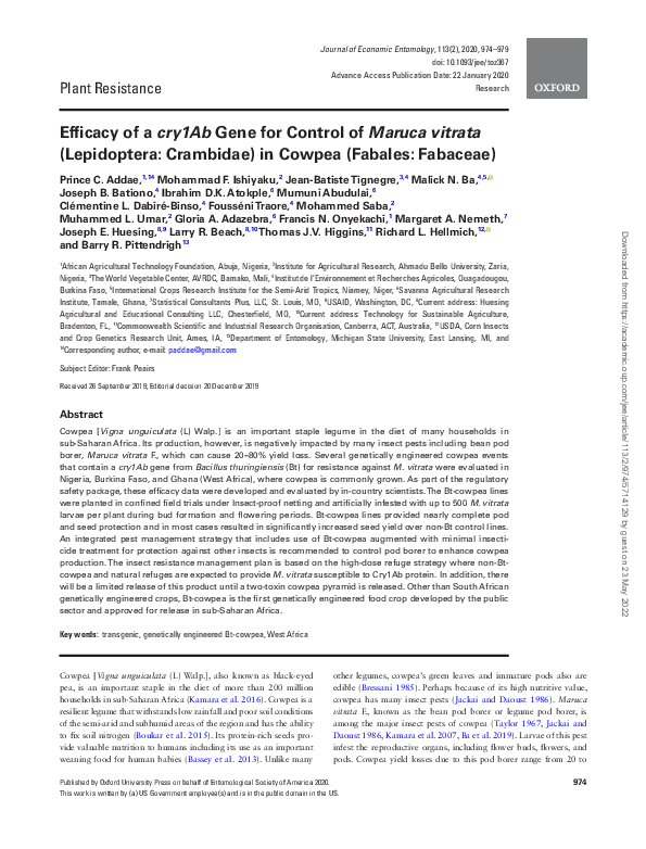 (PDF) Efficacy of a cry1Ab Gene for Control of Maruca vitrata ...