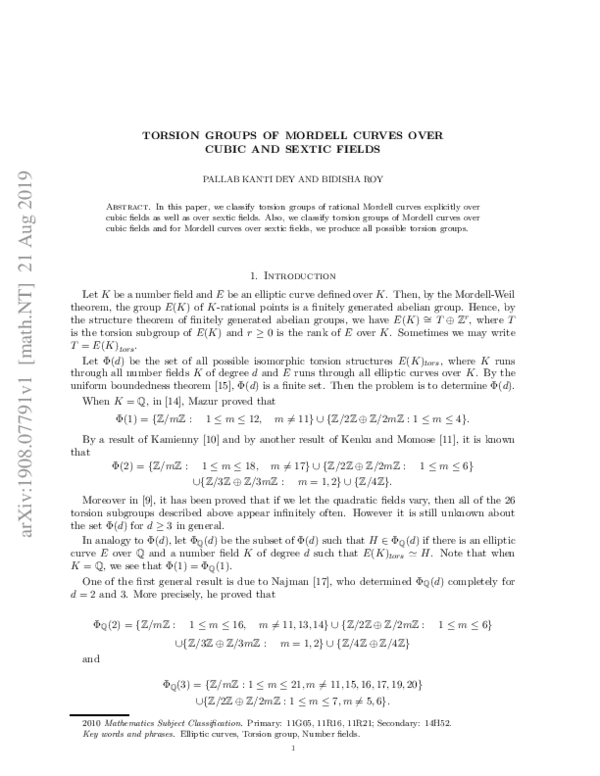 (PDF) Torsion groups of Mordell curves over cubic and sextic fields