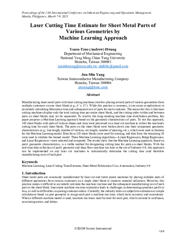 (PDF) Laser Cutting Time Estimate for Sheet Metal Parts of Various ...