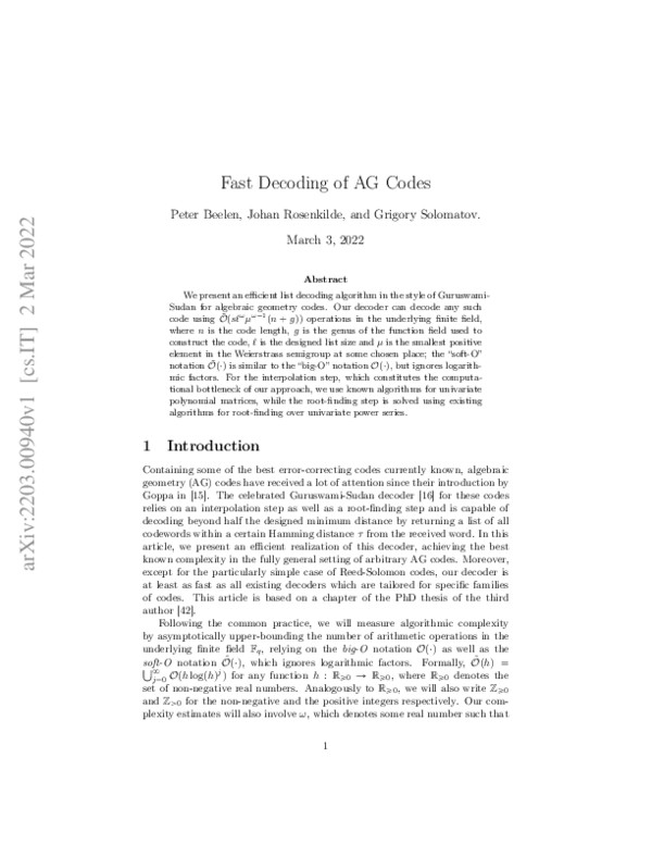 (PDF) Fast Decoding of AG Codes