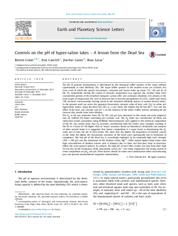 (PDF) Controls on the pH of hyper-saline lakes – A lesson from the Dead Sea