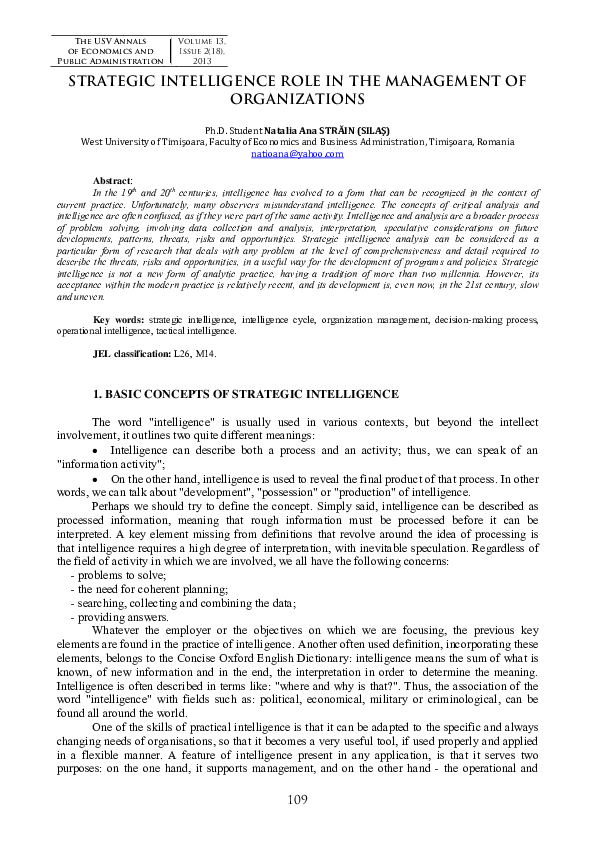 (PDF) Strategic Intelligence Role in the Management of Organizations