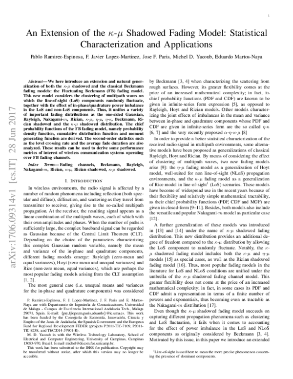 (PDF) An Extension of the $\kappa$ - $\mu$ Shadowed Fading Model: Statistical Characterization ...