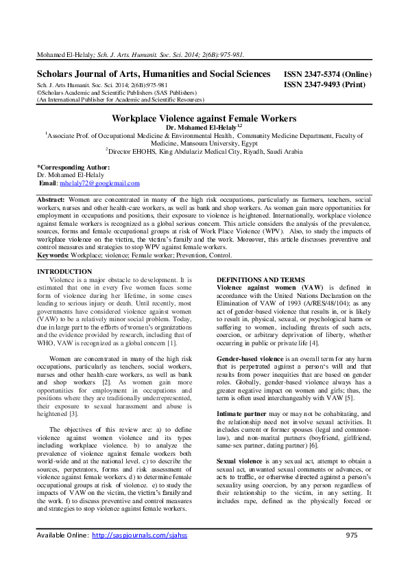 (PDF) Workplace Violence against Female Workers