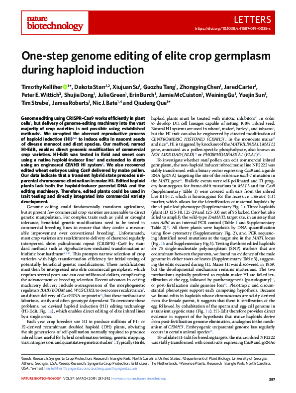 (PDF) One-step genome editing of elite crop germplasm during haploid ...