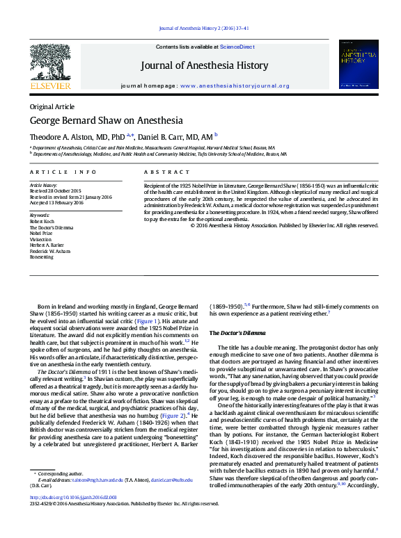 (PDF) George Bernard Shaw on Anesthesia