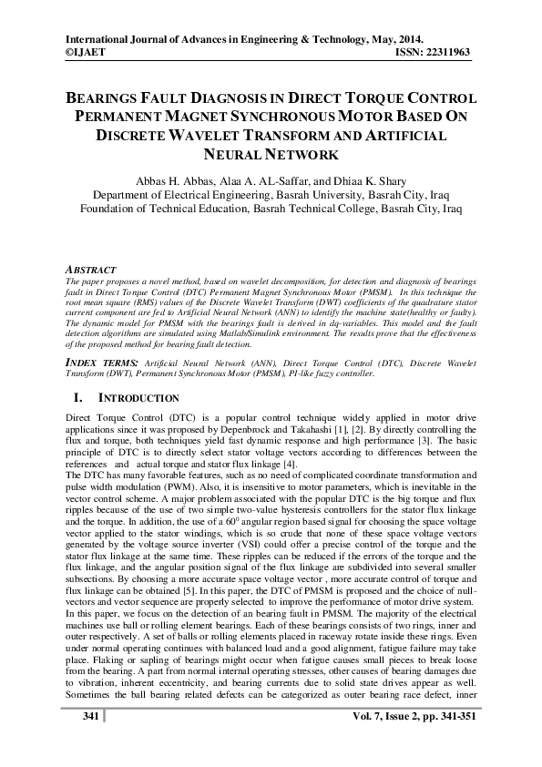 (PDF) Bearings Fault Diagnosis in Direct Torque Control Permanent Magnet Synchronous Motor Based ...