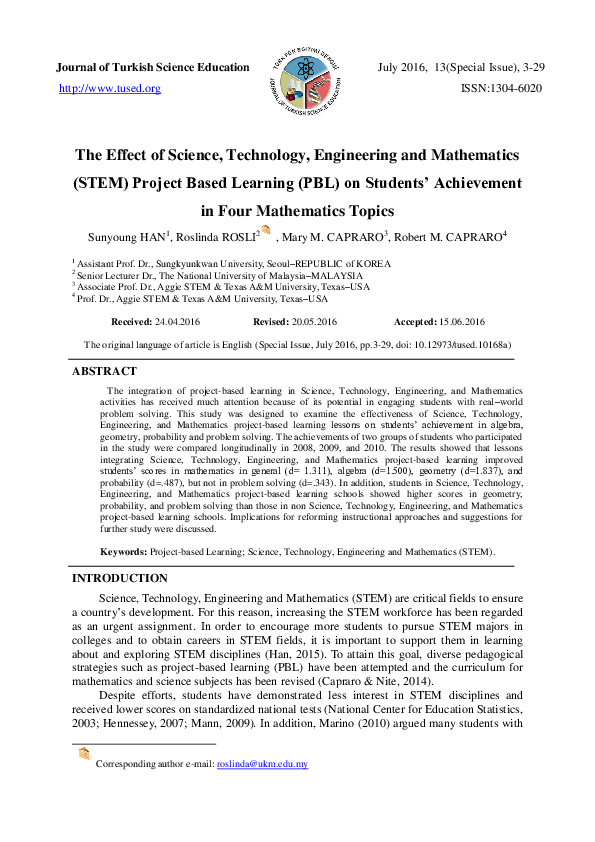 (PDF) The Effect of Science, Technology, Engineering and Mathematics (STEM) Project Based ...
