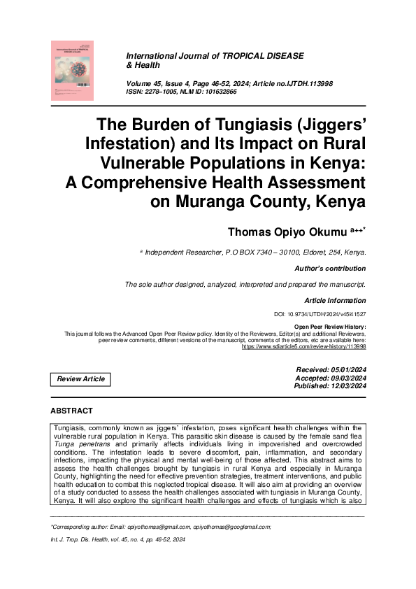 (PDF) The Burden of Tungiasis (Jiggers' Infestation) and Its Impact on ...