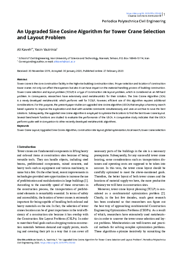 (PDF) An Upgraded Sine Cosine Algorithm for Tower Crane Selection and Layout Problem | Ali Kaveh ...