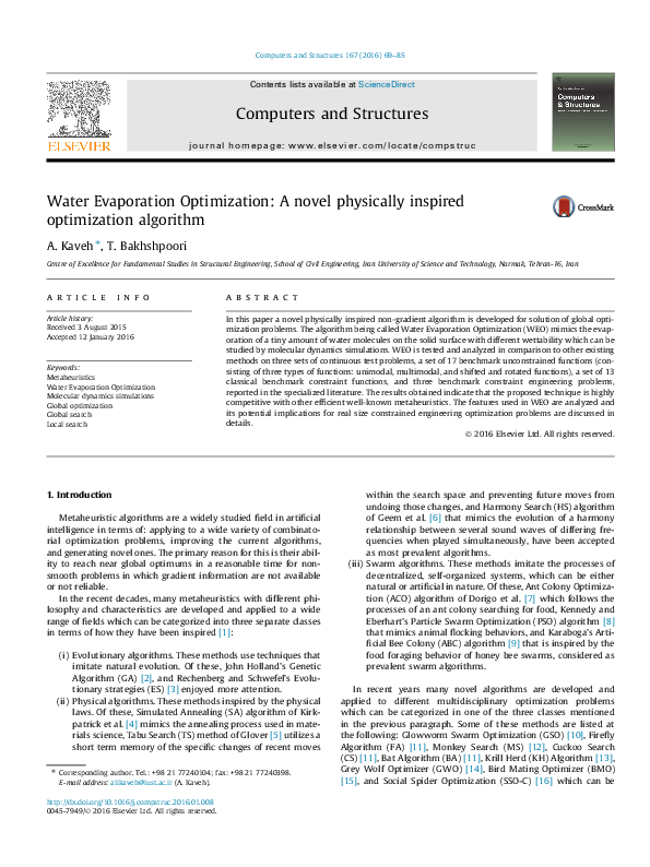 (PDF) Water Evaporation Optimization: A novel physically inspired optimization algorithm