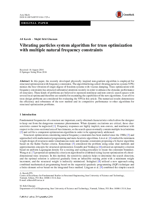 (PDF) Vibrating particles system algorithm for truss optimization with multiple natural ...