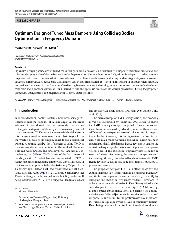 (PDF) Optimum Design of Tuned Mass Dampers Using Colliding Bodies Optimization in Frequency Domain