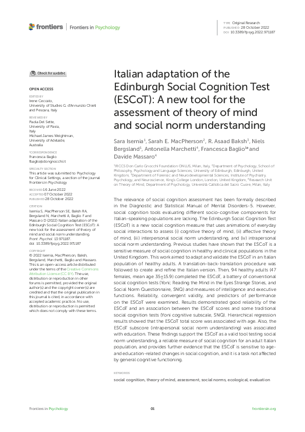 (PDF) Italian adaptation of the Edinburgh Social Cognition Test (ESCoT ...