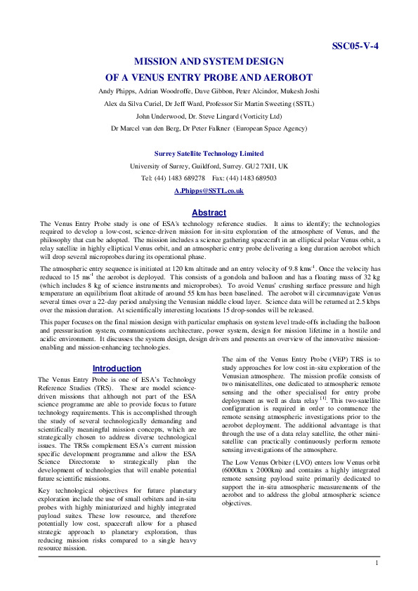 (PDF) Mission and System Design of a Venus Entry Probe and Aerobot